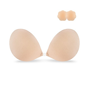 Niidor Adhesive Bra Strapless Sticky Invisible Push up Silicone Bra for Backless Dress with Nipple Covers Nude(B Cup)