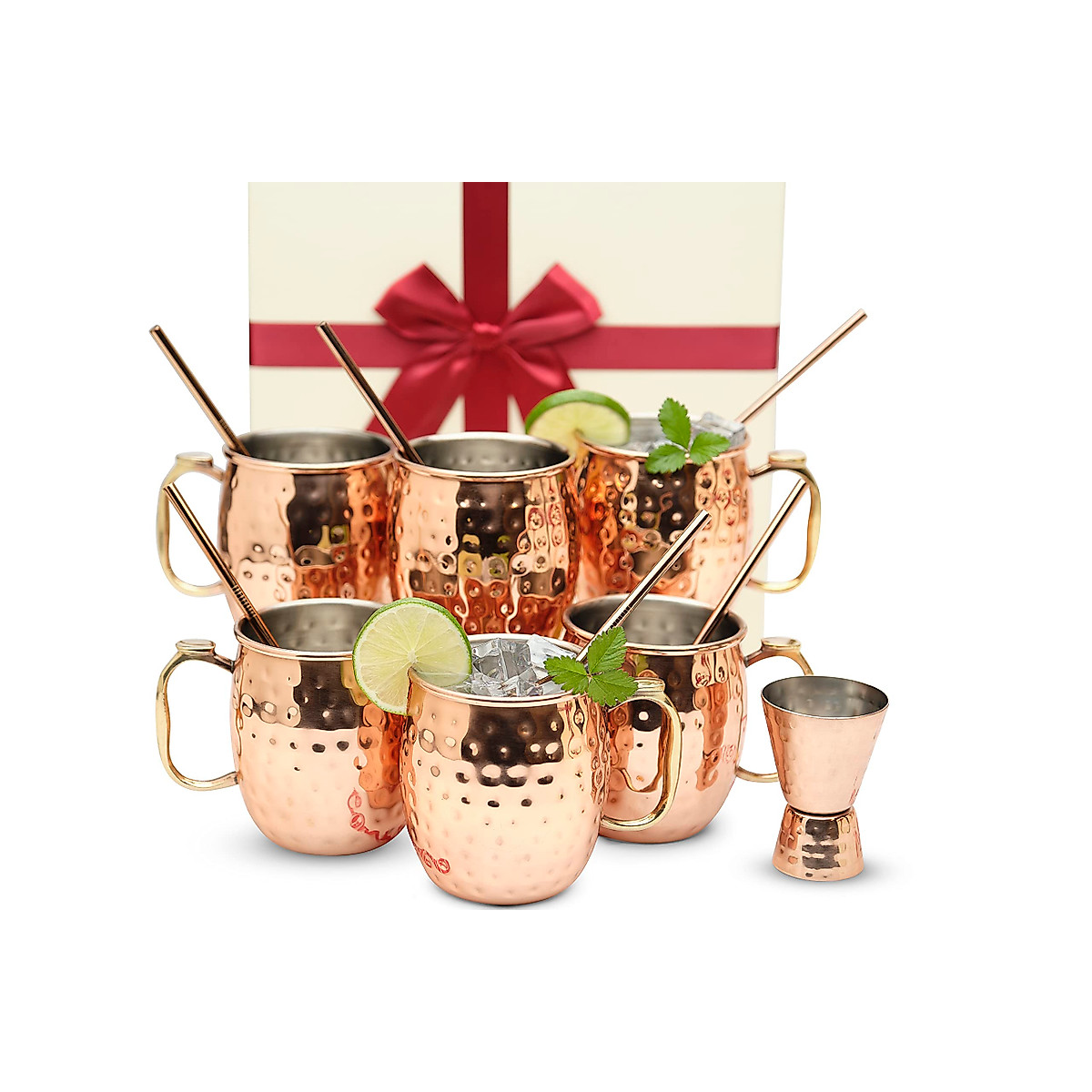 Kitchen Science [Gift Set] Moscow Mule Mugs, Stainless Steel Lined Copper Moscow Mule Cups Set of 6 (18oz) w/Straws, Jigger, Spoon & Brush | Tarnish-Resistant Stainless Steel Interior