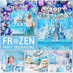 Frozen Birthday Party Supplies Winter Decoration Pack 117 Pcs Wonderland Snowflake Princess Party Decors for Girls (Backdrop, Tablecloth, Banner, Foil Balloons, Balloons Garland)