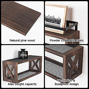 RICHER HOUSE Floating Shelves with Guardrail, Rustic Wood Shelves for Wall Décor, Farmhouse Bathroom Accessories Wall Mounted, Bathroom Wall Organizer over Toilet Storage, Kitchen, Living Room - Brown
