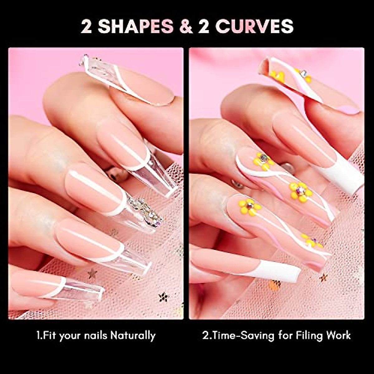 Makartt Nail Dual Forms for Poly Nail Gel 72PCS Square Coffin Clear Nail Molds for Solid Gel Builder Extension Hard Gel for Nails Full Cover Fake Nails Acrylic Nail Forms With Scale Nail Art Supplies