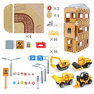 136PCS Construction Site Toy Vehicle Set, STEM Building Toys with Play Mat for Kids Boys, DIY Engineering Project Kits with Playmat, Best Toy Gift for 4 5 6 7 8 9 10 Years Old