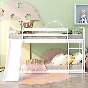 Harper & Bright Designs Bunk Beds Twin Over Twin,Wooden Bunk Bed with Slide, Low Bunk Bed for Kids with Ladder, Floor Bunk Bed Toddler,No Box Spring Needed,White