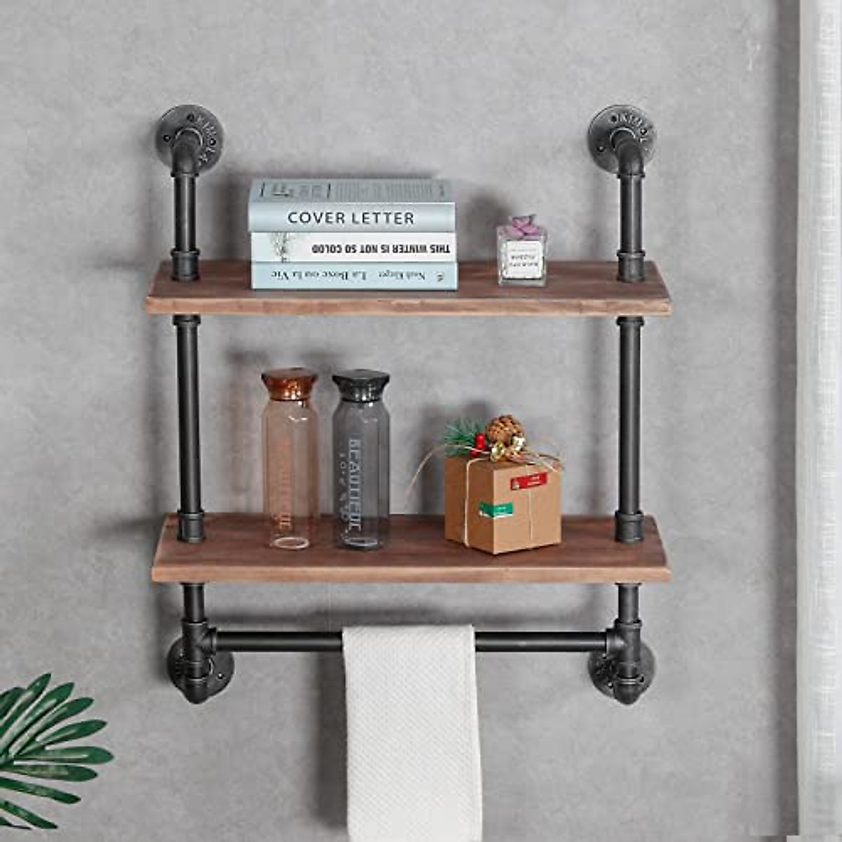 RZGY Industrial Pipe Shel with Towel Bar, 2 Tier 23.6" Towel Racks for Bathroom, Rustic Farmhouse Pipe Industrial Wall Shelves Bathroom Shelves Over Toilet for Storage