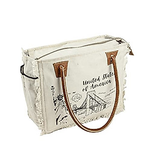 KPL Sel De Mer Upcycled Canvas and leather Hand Bag Cowhide Tote Bag shopping bag carry on leather bag (White)