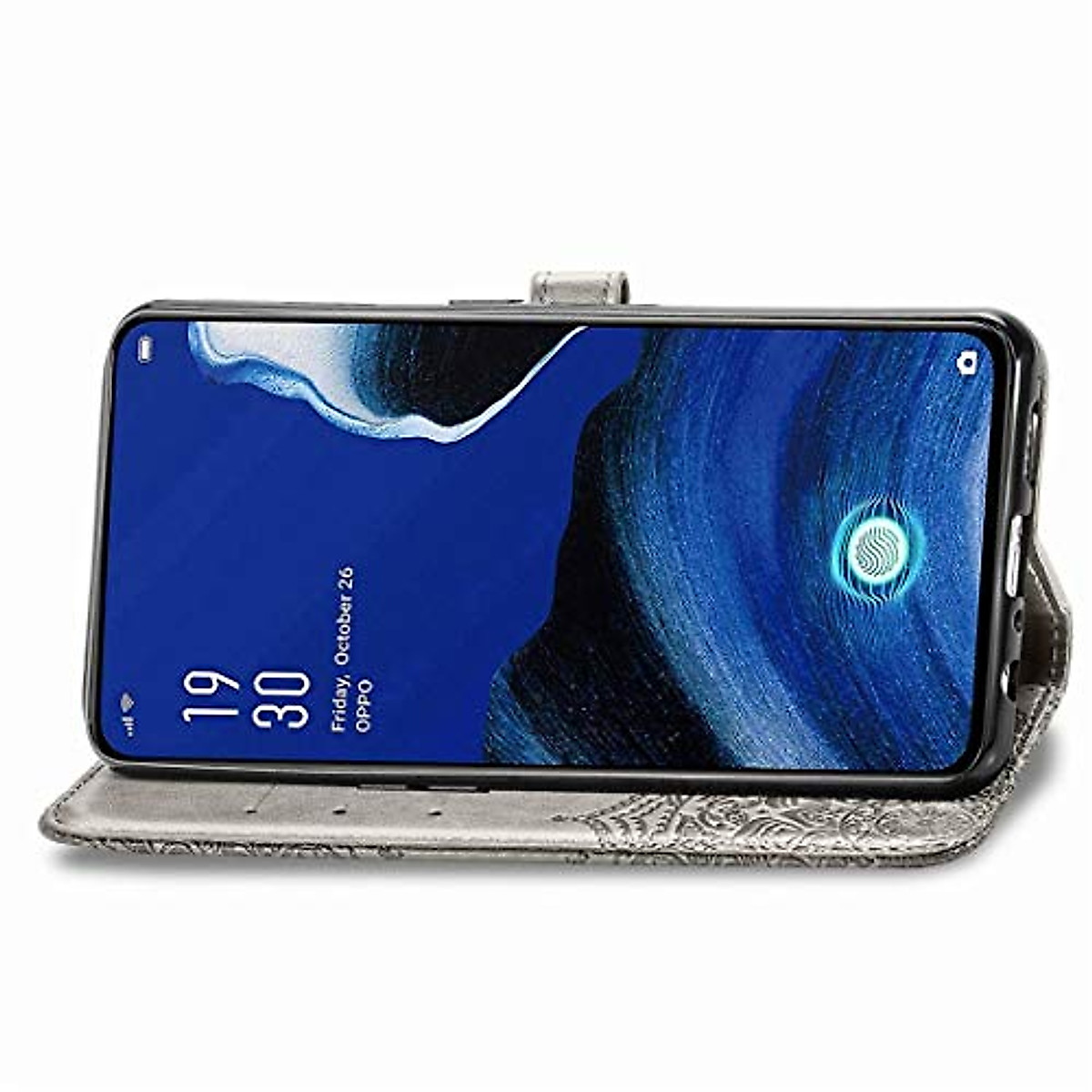 SATURCASE Case for Oppo Reno2 Z, Mandala Embossing PU Leather Flip Magnet Wallet Stand Card Slots Protective Cover with Hand Strap for Oppo Reno2 Z (Gray)