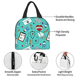 Hmklpi Nurse Medical Theme Insulated Kids Lunch Bag,Nurses Day Gifts Reusable Cooler Lunch Tote for Men & Women Girls Camping/Hiking/Picnic/Beach/Travel
