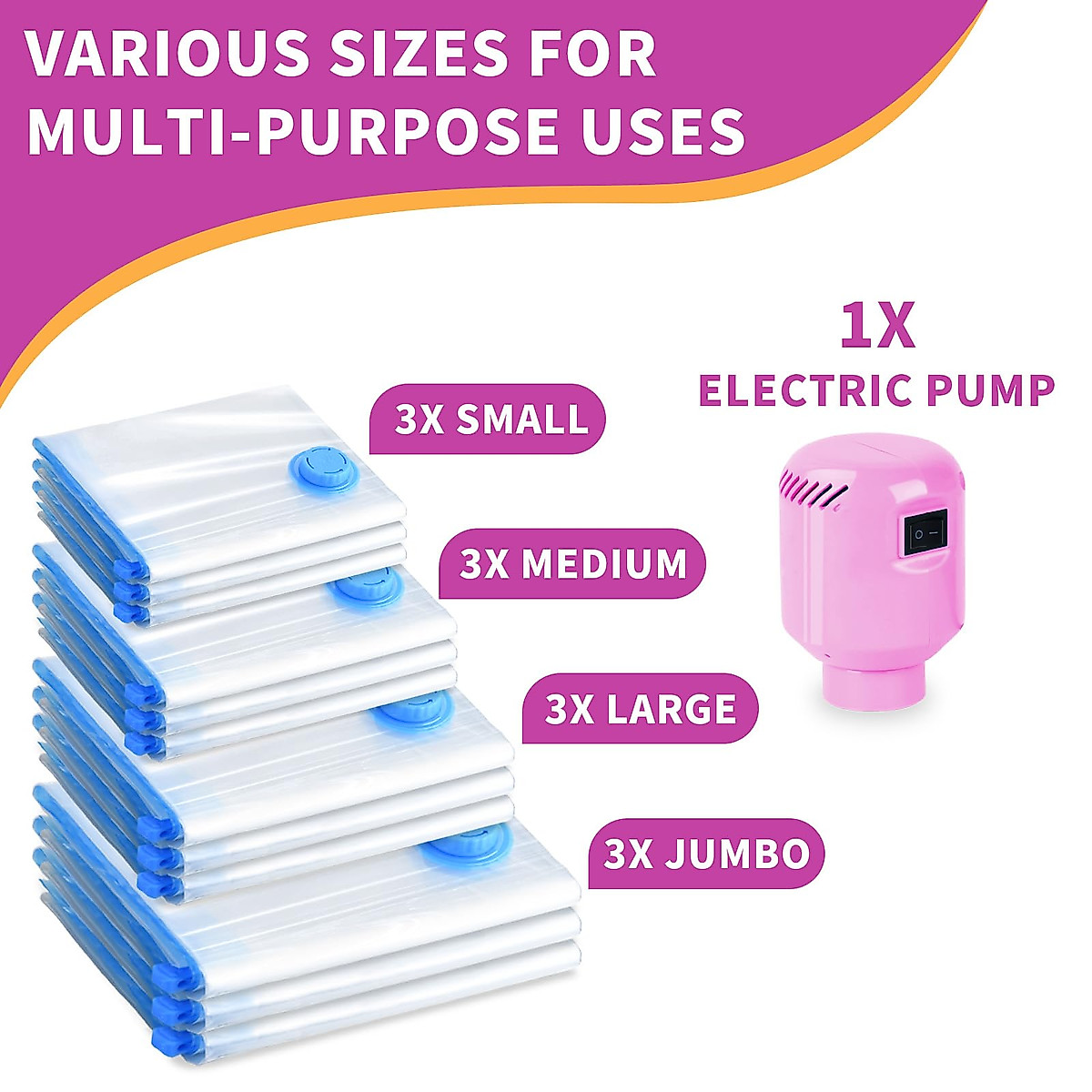 12 Pack Vacuum Storage Bags with Electric Pump, Travel Vacuum Bags(3 Jumbo, 3 Large, 3 Medium, 3 Small) Space Saver Vacuum Storage Bags,Vacuum Seal Bags for Clothes, Bedding,Blankets,Duvets, Pillows