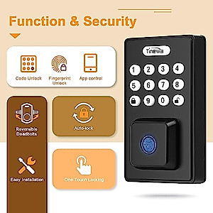 Tinewa Keyless Entry Door Lock with 2 Lever Handles, Fingerprint Entry Door Handleset, Electronic Digital Keypad Deadbolt with App, Auto Lock & One Touch Locking, Front Smart Door Handle Sets, Black