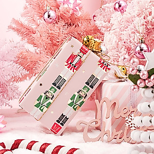 LeZakaa Reversible Christmas Wrapping Paper - Jumbo Roll - Pink Metallic Foil Gift Wrap Paper with Nutcracker & Stripe - 30 inches x 100 Feet (250 sq.ft.)