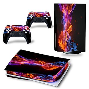Teiyii PS5 Console Skin and PS5 Controller Skins Set, PlayStation 5 Skin Wrap Decal Sticker PS5 Disk Edition(Ps5 Skin disc, red and Yellow Flame)