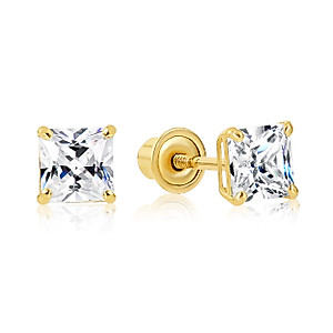 14k Yellow Gold Solitaire Square Princess-cut CZ Stud Earrings with Secure Screw-backs (4mm)…