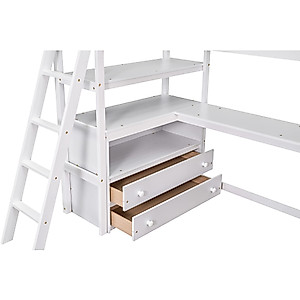 MERITLINE Twin Loft Bed with Desk and Storage, Wooden Loft Bed Twin with Shelves and Two Built-in Drawers for Kids Teens Boys Girls,No Box Spring Needed,White