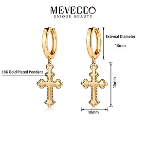 MEVECCO Tiny Cross Hoop Earrings 14K Gold Plated Dainty Minimalist Simple Faith Cross Dangle Huggie Earrings For Women Jewelry Gift