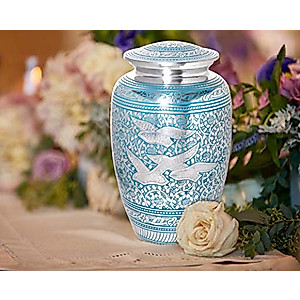 Divinityurns Wings of Love Blue & Silver Cremation Urn - Metal Cremation Urn - Handcrafted and Affordable Large Urn for Human Ashes - Adult Funeral Urn with Free Bag and Free Keepsake