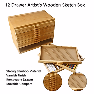 Vencer 12-Drawer Bamboo Artist Supply Storage Box - Effortlessly Organize and Store Pencils,Pens,Pastels,Markers,Brushes,and Tools with Adjustable Compartments and Generous Capacity,VAO-020