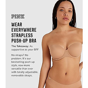 Victoria's Secret Pink Wear Everywhere Strapless Push Up Bra, Padded, Adjustable Straps, Beige, (34C)