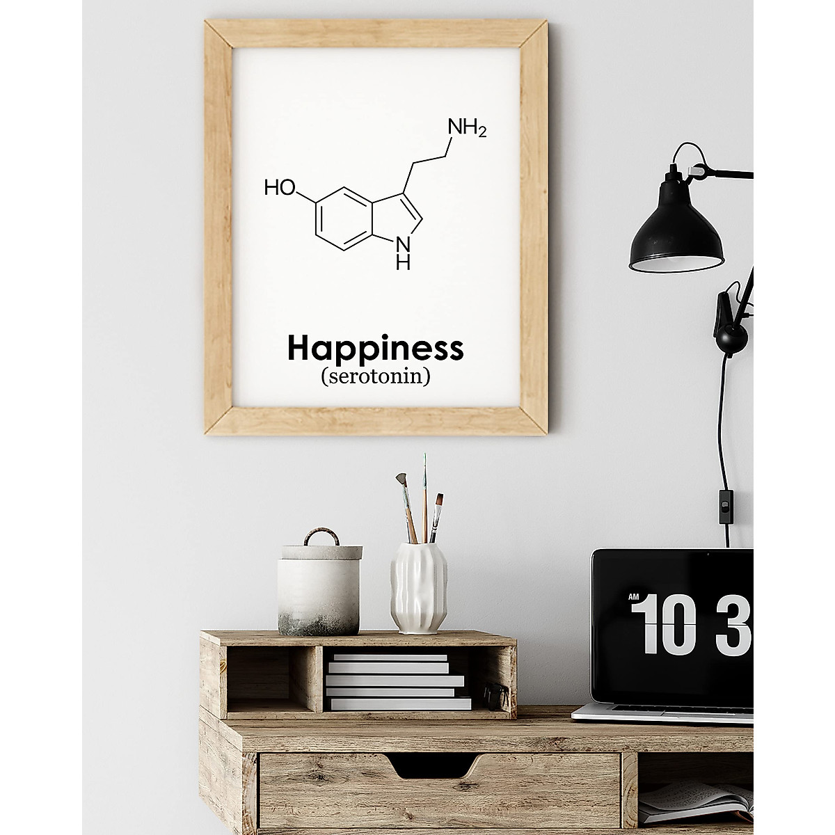 Happiness Serotonin Molecule Wall Art 11x14 Unframed Art Print Poster Black on White for Office, Classroom, Science Laboratory or Home Décor. Great Gift For Scientists, Chemists, Geeks and Nerds