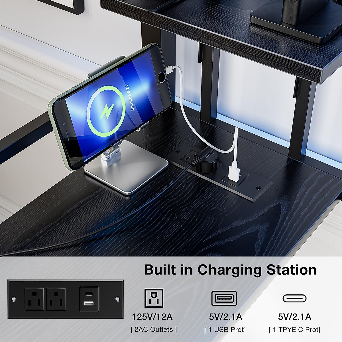 IKIFLY Loft Bed Twin Size with Desk and Storage Shelves, LED Lights & Charging Station, Metal Loft Bed with 13.4” Guardrail and Ladder, Large Fabric Basket, Clothes Rail, No Box Spring Needed, Black