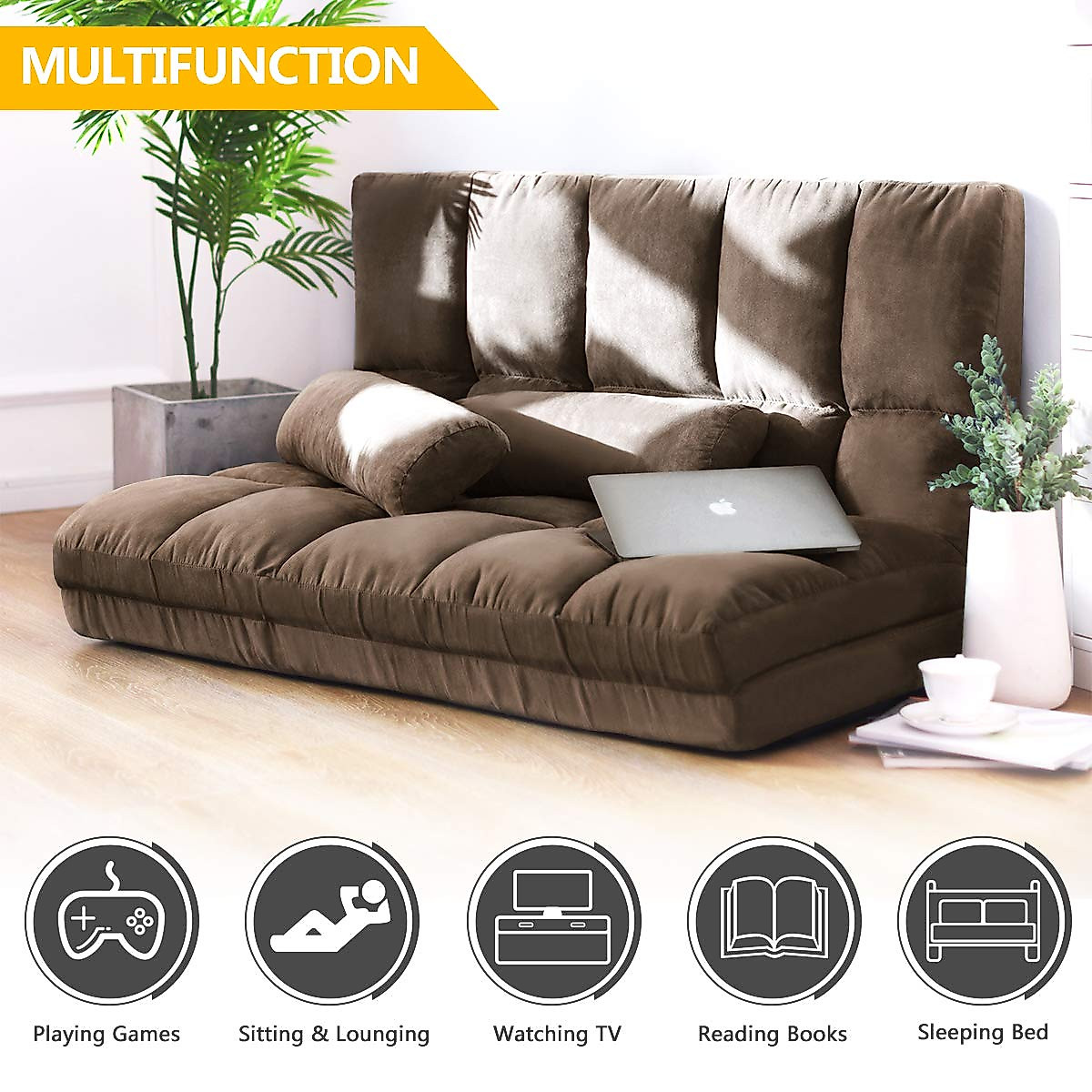 Harper & Bright Designs Adjustable Floor Sofa and Couch for Living Room and Bedroom, 5 Position Floor Gaming Chair, LoveSeat (Loveseat Couch, Brown Couch)