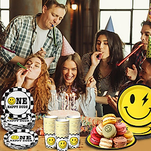 168Pcs One Happy Dude Birthday Paper Plates Yellow Smile Face Party Plates One Happy Dude Plates Cups Napkins Plastic Spoons Forks Knives Party Favors for Birthday Baby Shower Bachelor Party,Serves 24