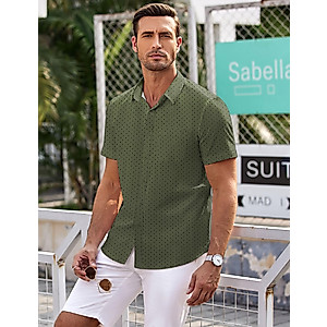 COOFANDY Mens Polka Dot Printed Shirt Short Sleeve Buton Down Casual Summer Party Dress Shirt Army Green