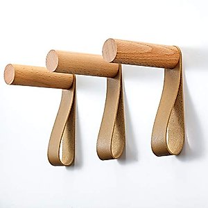 Jetec 3 Pack Wood Wall Hooks Wooden Coat Hooks Decorative Vintage Entryway Hangers with Leather Wall Straps for Hanging Coats Hats Bags Towels (Brown)