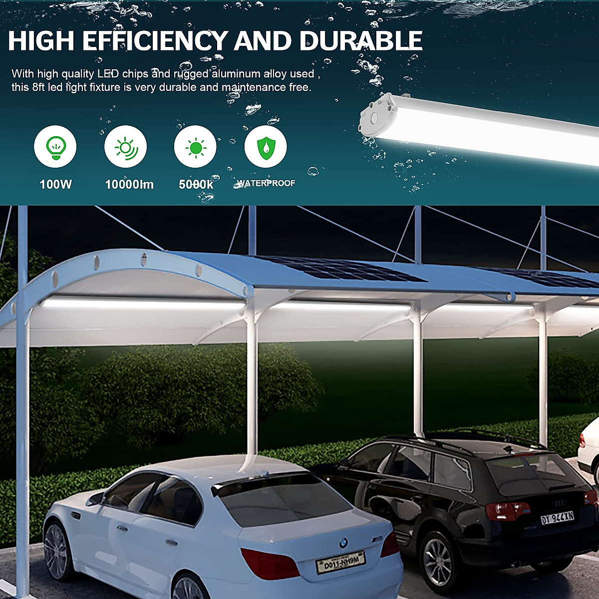 AntLux 8FT LED Vapor Tight Light, 100W 10000LM, 8 Foot LED Vapor Proof Light Fixture Outdoor Shop Lights, IP67 Waterproof LED Lights for Parking Garage Carport Car Wash, Freezer Light, Plug In, 4 Pack