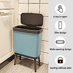 URALFA Slim Trash Can for Kitchen, 4 Gallon Narrow Garbage Can with Press Top Lid, Small Plastic Trash Bin Modern Garbage Bin Waste Basket for Home, Bedroom, Toilet, Living Room & Office, Blue