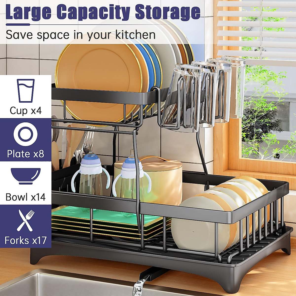 HERJOY Dish Drying Rack, Detachable 2 Tier Dish Rack and Drainboard Set, Large Capacity Dish Drainer Organizer Shelf with Utensil Holder, Cup Rack for Kitchen Counter, Black