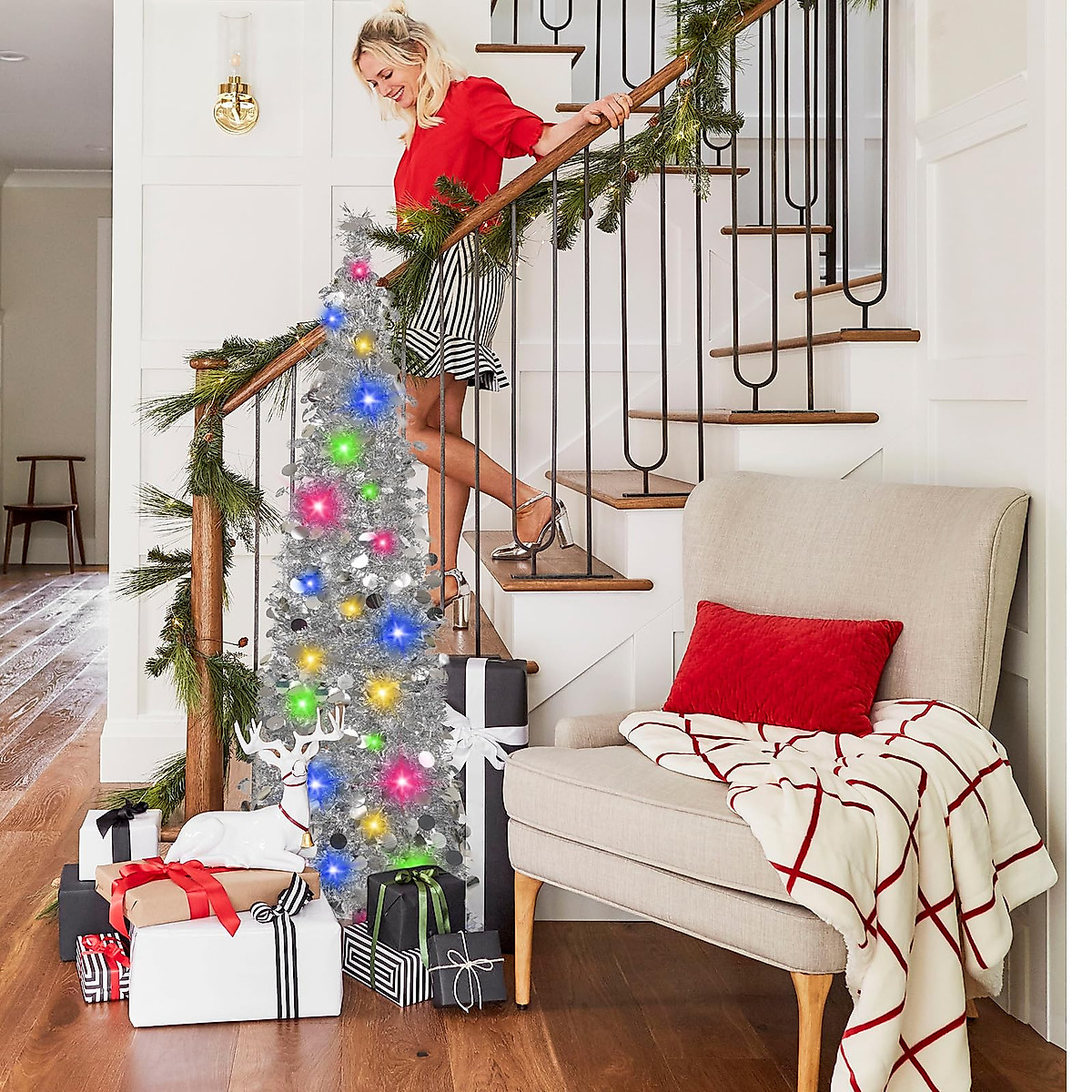 MACTING Christmas Pop up Tree with 50 LED Lights 5FT Silver Collapsible Easy-Assembly Coastal Glitter Tinsel Pencil Tree for Porch Apartment Corner Home Holiday Party Christmas Decorations