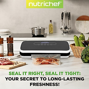 NutriChef Automatic Vacuum Air Sealing System Preservation with Starter Kit Compact Design, Lab Tested, Dry & Moist Food Modes with Led Indicator Lights, 12", Black