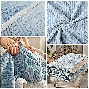 Cozy Fluffy Stripe Plaid Fleece Fuzzy Sherpa Throw 60 * 80 Inch, Super Soft Warm Plush Snuggle Sofa Couches Bed Blanket, Light Blue