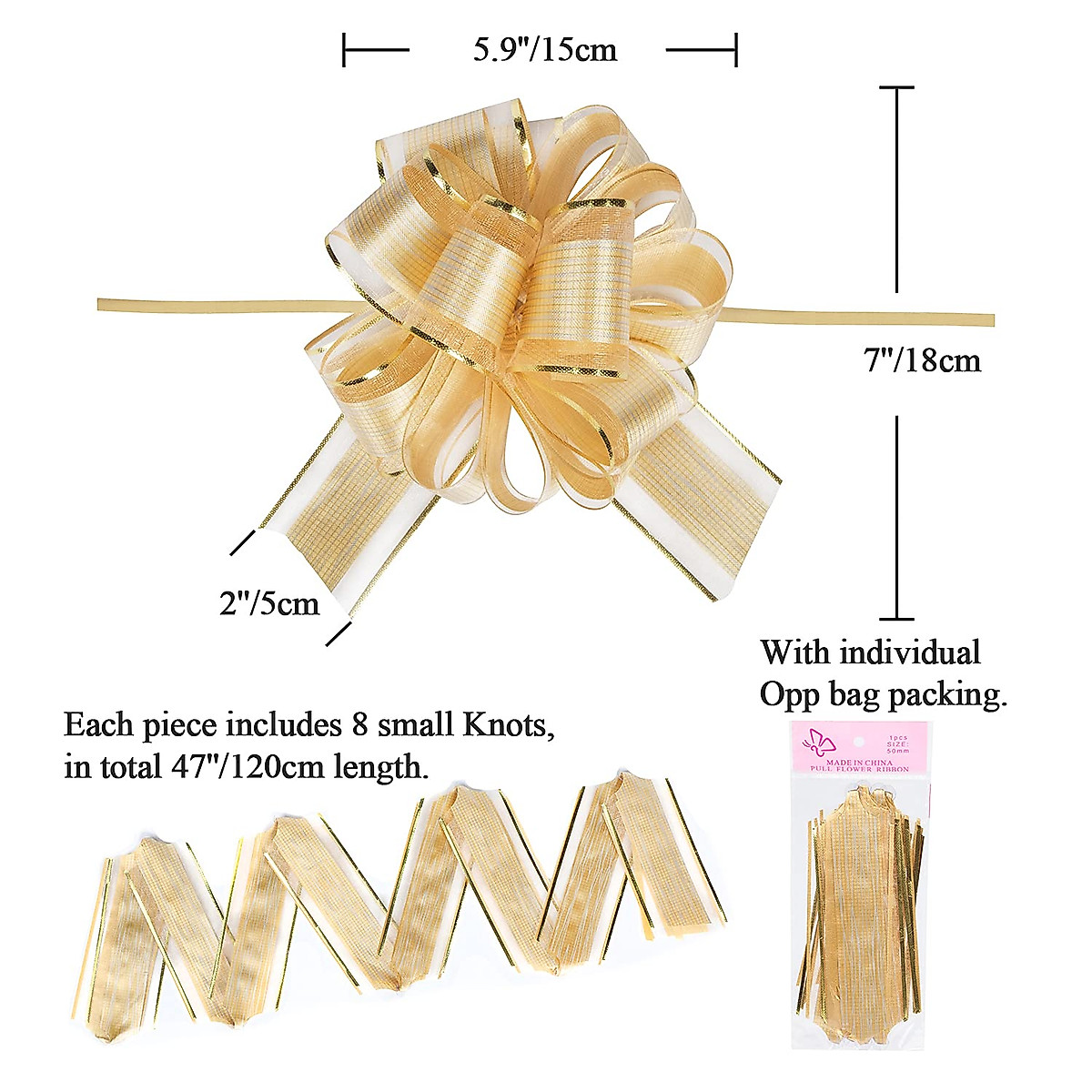 AKLVBL 10 PCS Large Pull Bow Gift Wrapping Bows, Pull Bow with Ribbon for Wedding Gift Baskets, Party Gift Wrap Bows, Presents Decorating Bows (Gold)