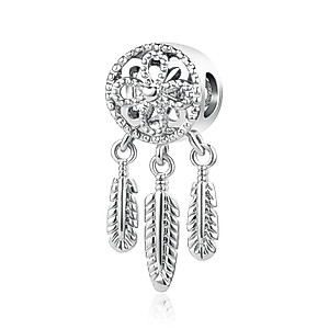 SBI Jewelry Women Lucky Dreamcatcher Charm Compatible with Pandora Charm Bracelets Feathers Silver Pendant Good Luck Birthday Anniversary