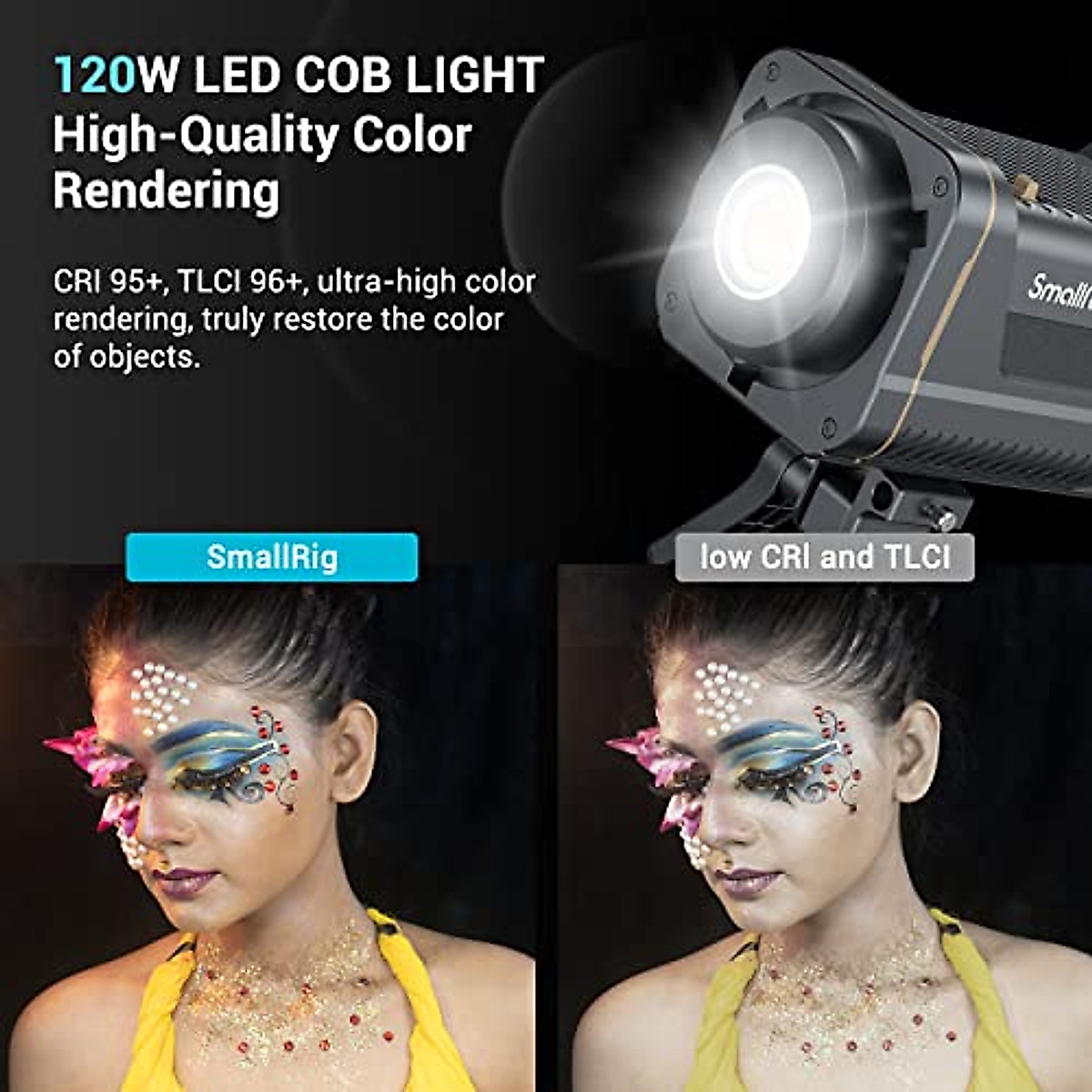 SmallRig RC 120D 120W COB LED Video Light, 5600K, 62600Lux@1m On-Board and SmallGoGo App Control, TLCI 96+ CRI 95+, 9 Lighting Effects, Support AC Adapter and 14.4V/26V V-Mount Battery- 3470