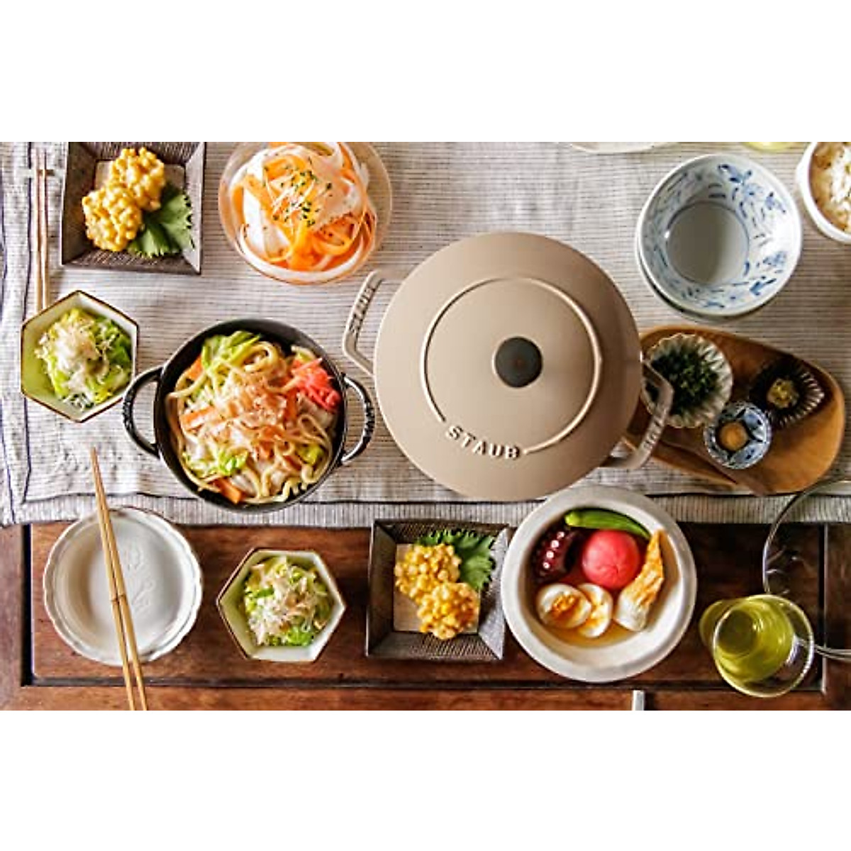 staub Wa-NABE 40501-001 Linen L Vintage Knob Specifications 7.9 inches (20 cm) Handed, Cast Iron Pot, Rice Cooking, 3 Pieces, Induction Compatible, Japanese Authentic Product with Serial Number