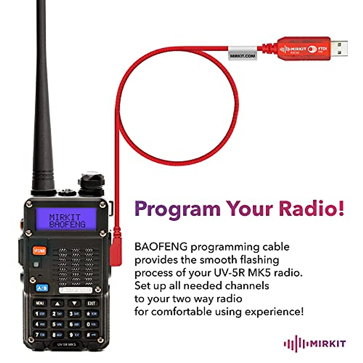 Mirkit 2X Baofeng UV-5R MK5 8W Max Power 2024 Ham Radio VHF/UHF 144-148/420-450 mhz with Lanyard for Radio - 1800mAh Li-ion Baofeng Battery and FTDI Programming Cable Compatible for Walkie Talkie