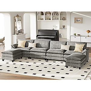 Flamaker Modular Sectional Sofa Couch, Fabric Reversible U Shaped Sofa Couch Cloud Couch with 2 Ottoman, 4-Seat Sectional Sofa Couches for Living Room, Apartment(Grey)