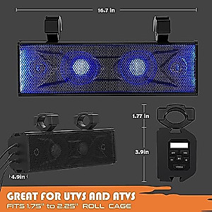 purevox UTV Sound Bar 16 Inch 4-Speaker ATV SoundBar UTV Sound System SXS Speakers Waterproof Bluetooth Connectivity with Multicolor LED Lighting for UTV ATV Golf Cart Marine Boat