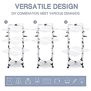 TOOLF Clothes Drying Rack, 3-Tier Collapsible Laundry Rack Stand Garment Drying Station with Wheels and 4 Hooks, Indoor-Outdoor Use, for for Bed Linen, Clothing, Socks, Scarves