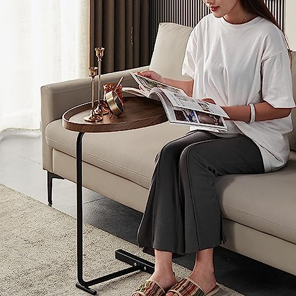 TRUNYAQI C Shaped Bed Side Table, Small Spaces End Table for Sofa and Bedside, Couch Tables That Slide Under, Small Coffee Side Table for Bedroom Living Room, 18”L X 12”W Tabletop (Brown+Black)