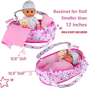 Baby Doll Cradle Bassinet Portable Doll Carrier Carry Bag Doll Bed,Baby Doll Accessories Playset,with Doll Clothes Soft Pillow Quilt Blanket Bear,for 8-9-10-11-12 Inch Smaller Alive Baby Doll
