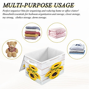 DIGTIA Summer Sunflower Bouquet Storage Bins with Lids Large White Rustic Wood Storage Basket with Handles Foldable Fabric Storage Box Organizer for Clothes Toys Closet Cabinet Home Office Bedroom