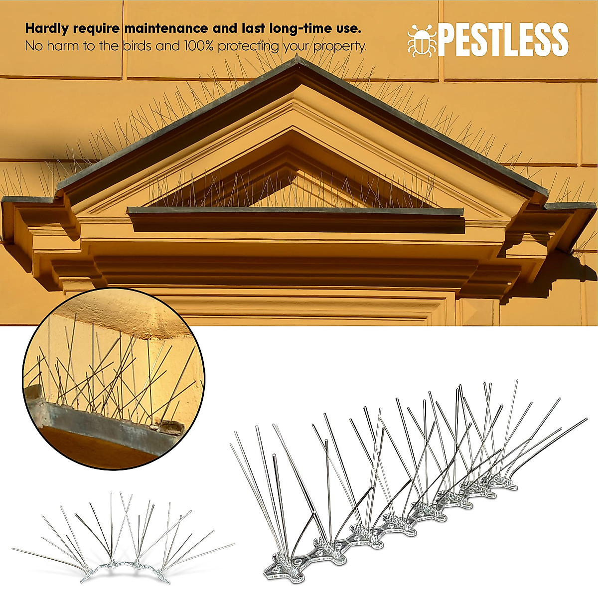 Pestless Upgraded Bird Spikes 10 Pack - 12-Inch Deterrent, 5 Spikes, Wide Coverage, Adjustable Strip Length - Stainless Steel Repeller Against Pigeons, Squirrels, Animals - Easy Mounting