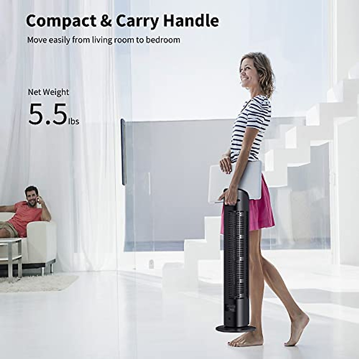 AKIRES Oscillating Tower Fan 30 Inch Portable Light-Weight Space-Saving Quiet Bladeless Floor Fan for Office kitchen Living Room Tower Fan with Remote Control,3 Speeds,3 Modes,7.5H Timer