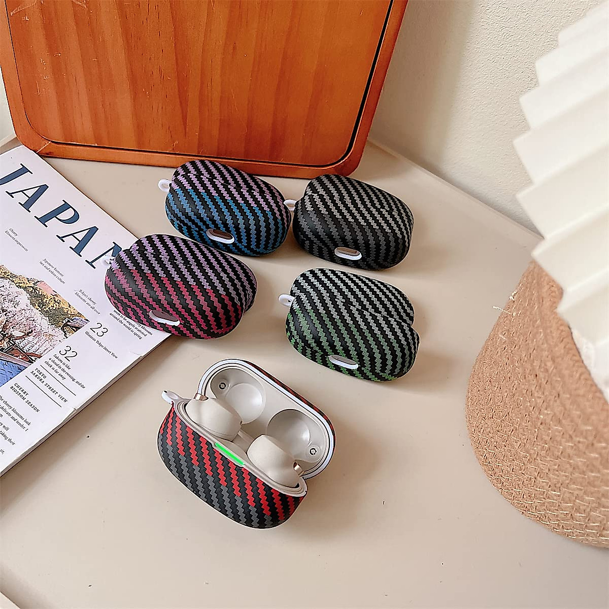 DAYJOY Dual Color Carbon Fiber Pattern Hard Plastic Protective PC Case Cover Sleeve Compatible with Sony WF-1000XM4 Earbuds, Frosted Touch Feel Protective Skin Sleeve with Carabiner (B)