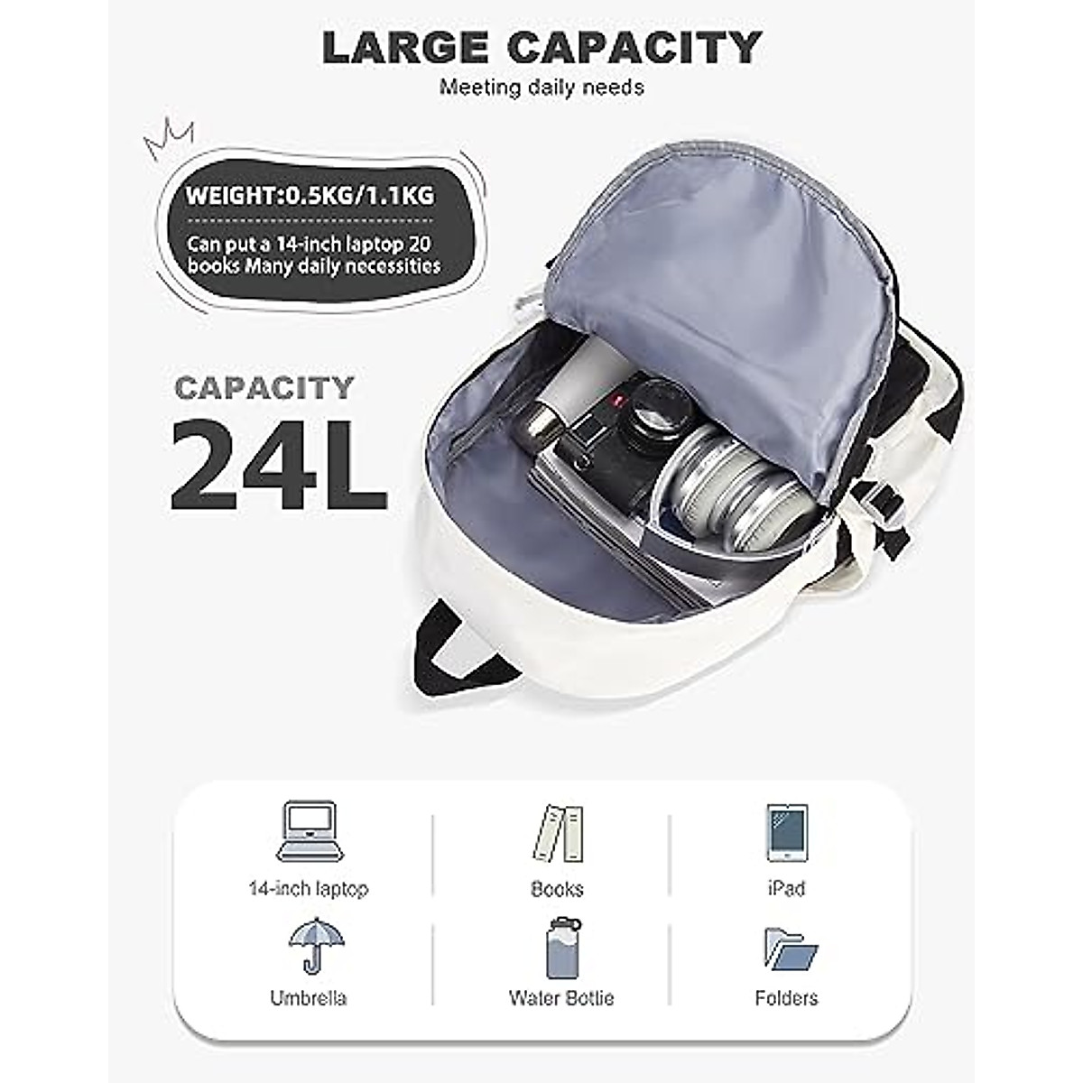 KEYEMP Fashion Backpacks for Men Women, 15.6 in Lightweight Travel Bag Casual Daypack,Cute Backpack for Aesthetic Travel Casual Day Pack,Bags for Work,Gift, Black