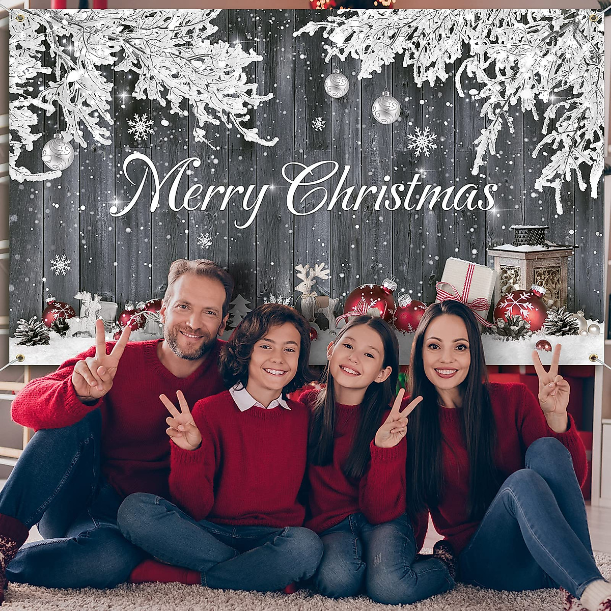 Christmas Wood Photography Backdrop Merry Christmas Santa Claus Gifts Background Rustic Barn Snowflakes Photo Background for Winter Holiday Home Decor Xmas Party Photography Props, 73 x 43 Inches