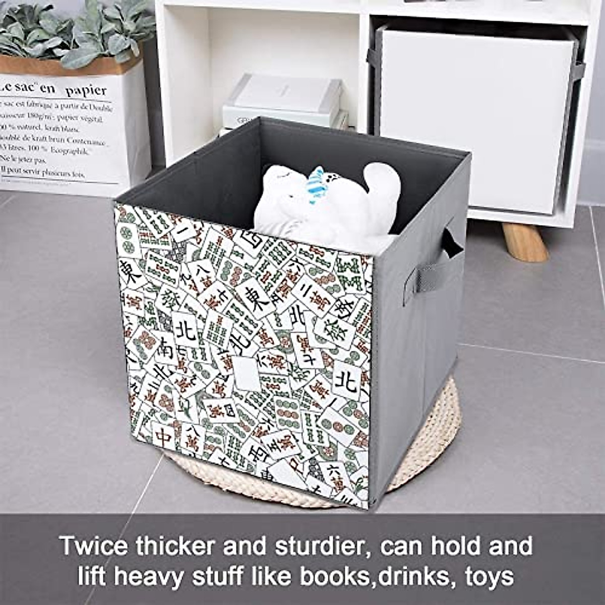 Mahjong Tiles Foldable Storage Bins Printd Fabric Cube Baskets Boxes with Handles for Clothes Toys, 11x11x11